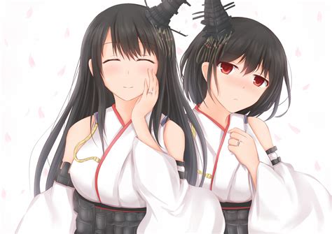 배경 화면 애니메이션 소녀들 간타이 컬렉션 야마시로 칸 콜레 후소 칸 콜레 긴 머리 짧은 머리 흑발 큰 가슴 일본 옷 삽화 디지털 아트 팬 아트