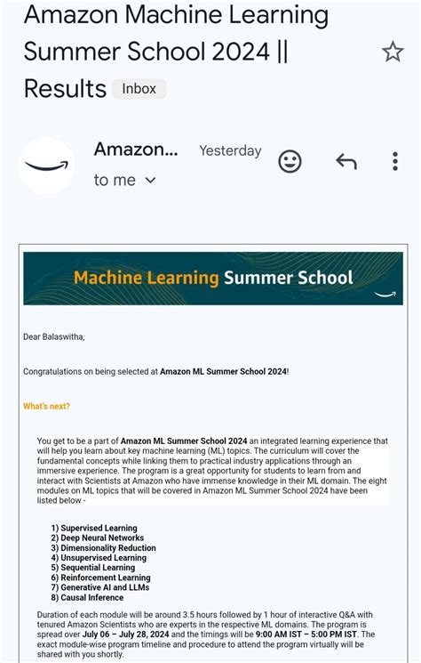 Balaswitha Pusapati On Linkedin Amazonmlsummerschool Machinelearning Ai Careergrowth