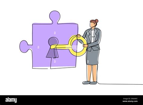 Continuous One Line Drawing Businesswoman Put Key Into Puzzle Piece Cooperation Concept