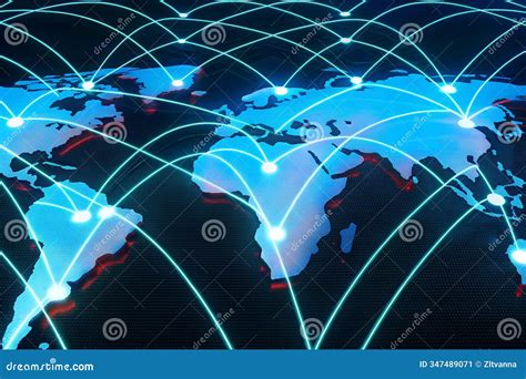 Global Connectivity Represented Through Glowing Data Lines On A Detailed World Map Stock Image
