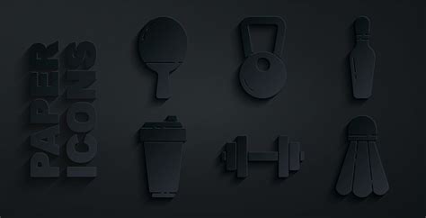 덤벨 볼링 핀 피트니스 셰이커 배드민턴 셔틀콕 케틀벨 및 탁구 아이콘을 재생하기 위한 라켓을 설정합니다 벡터 3차원 형태에 대한