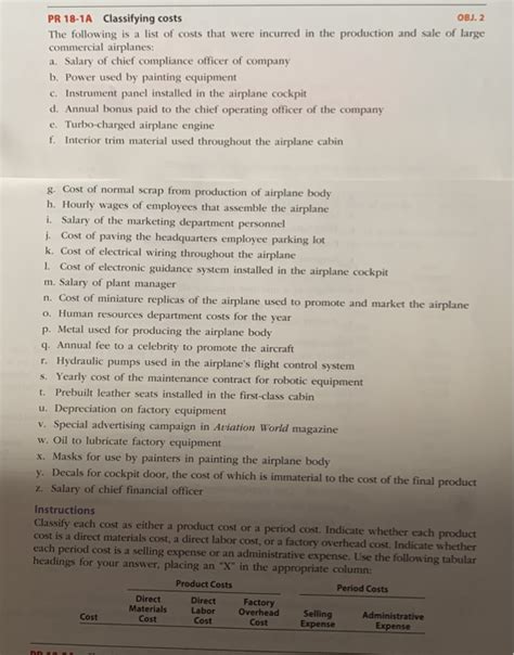 Solved Pr 18 1a Classifying Costs Obj 2 The Following Is A