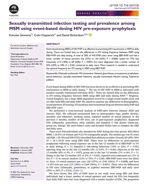 Pdf Sexually Transmitted Infection Testing And Prevalence Among Msm Using Event Based Dosing