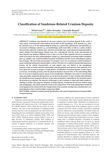 Pdf Classification Of Sandstone Related Uranium Deposits