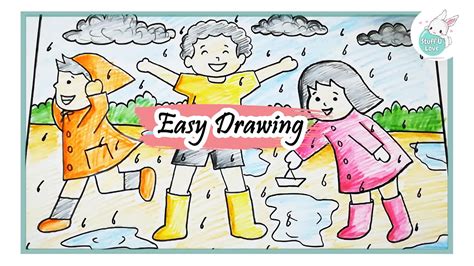 How To Draw Friends Enjoying Rainy Season Easy Scenery Step By Step