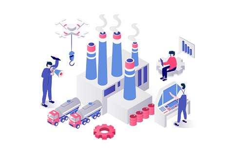 산업 생산 3d Isometric 개념 기하학 그래픽 디자인 웹 사람들은 굴뚝 파이프가 있는 공장 인프라에서 일하고 운송 물류를 위해 트럭을 사용합니다 벡터 일러스트 레이