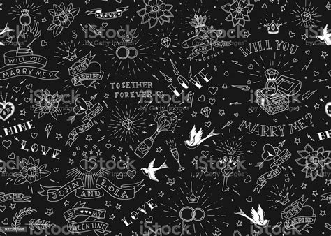 올드 스쿨 Seamles 패턴 하트 장미 꽃 새 문신 사랑과 결혼 테마입니다 흑인과 백인 전통 문신 디자인입니다 벡터 일러스트 레이 션 문신에 대한 스톡 벡터 아트 및 기타