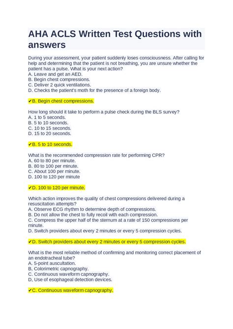 Aha Acls Written Test Questions With Answers Exams Nursing Docsity