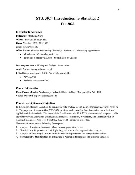 Sta3024 Syllabus Stine Fall2022 Sta 3024 Introduction To Statistics 2 Fall 2022 Instructor