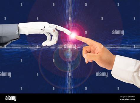 Machine Learning Hands Of Robot And Human Touching On Big Data Network Connection Background