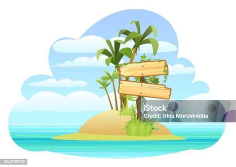 바다의 섬에 나무 표지판 만화 스타일 푸른 잔잔한 바다 플랫 디자인 일러스트레이션 텍스트가 있는 빈 보드입니다 흰색 배경에 격리 태양의 빛 야자수 두 항목 벡터 목재 재료에