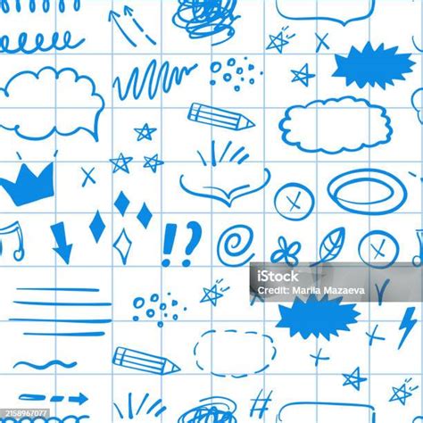 체크 무늬 노트북 시트에 간단한 스케치 선 스타일 완벽 한 패턴입니다 낙서 귀여운 잉크 펜 라인 요소 낙서 화살표 심장 별 장식 기호 아이콘입니다 벡터 일러스트 레이