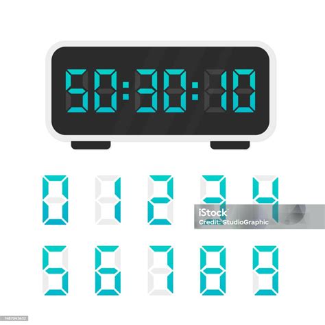 디지털 시계 번호 평면 전자 시계 화면 현대적인 흰색 알람 시간 표시 시간 분 초가 있는 타이머 글꼴 카운트 다운 타이머 전자 장치용 인터페이스 벡터 그림 0에 대한 스톡
