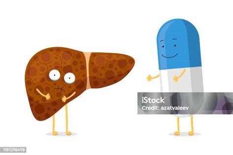 귀여운 만화 건강에 해로운 인간의 간 질환 통증 감정 문자 미소 약 약물 태블릿 알 약 의료 의료 친구 벡터 아픈 뒤집을 수 있는 외음절 땀샘 기관 삽화 가공의 인물에 대한