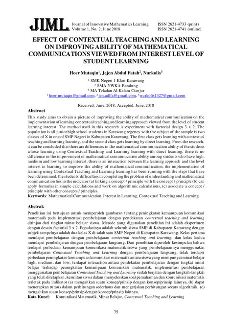 Pdf Effect Of Contextual Teaching And Learning On Improving Ability Of Mathematical