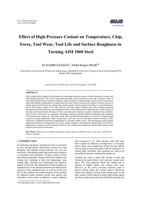 Pdf Effect Of High Pressure Coolant On Temperature Chip Force Tool Wear Tool Life And