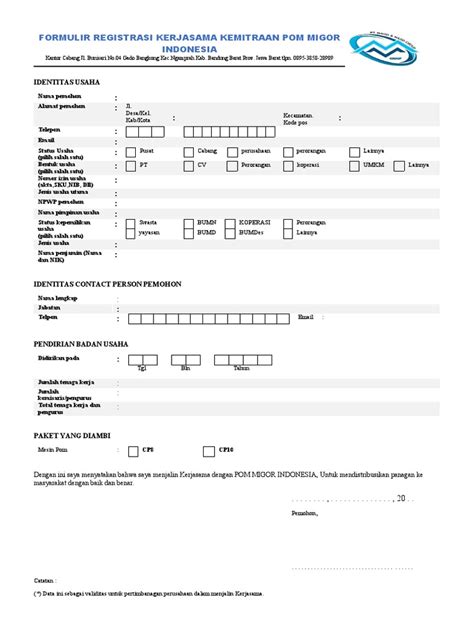 Form Registration For Pom Migor Indonesia Partnership Cooperation Pdf