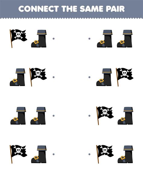 어린이를 위한 교육 게임은 귀여운 만화 깃발과 부팅 쌍 인쇄 가능한 해적 워크시트의 동일한 그림을 연결합니다 프리미엄 벡터