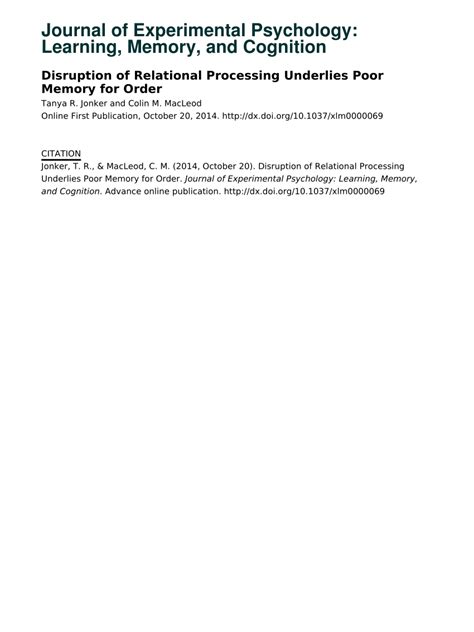 Pdf Disruption Of Relational Processing Underlies Poor Memory For Order