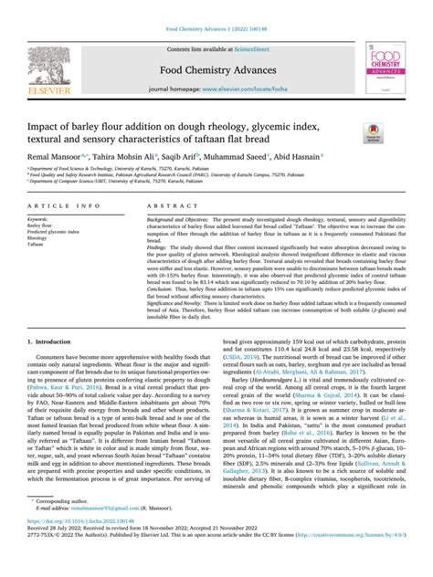 Impact Of Barley Flour Addition On Dough Rheology Glycemic Index
