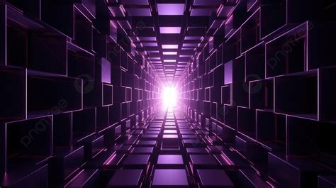정육면체 터널 내부는 보라색 빛으로 비춰진다 보라색 조명이 있는 기하학적 사각형 모양이 있는 터널의 추상 배경에 대한 3d 그림 고화질 사진 사진 정사각형 배경