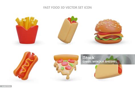 3d 패스트푸드 아이콘 집합입니다 감자튀김 샤와르마 햄버거 핫도그 피자 타코 이미지 3차원 형태에 대한 스톡 벡터 아트 및 기타 이미지 Istock