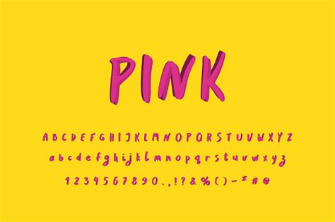 손으로 그린 문자 알파벳입니다 추상 벡터 서체 분홍색 자홍색 색상입니다 대문자 와 소문자 숫자 현대적인 디자인을 위한 오리지널 3d 글꼴 컴퓨터 글자에 대한 스톡 벡터 아트