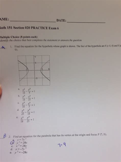Solved Find The Equation For The Hyperbola Whose Graph Is Shown