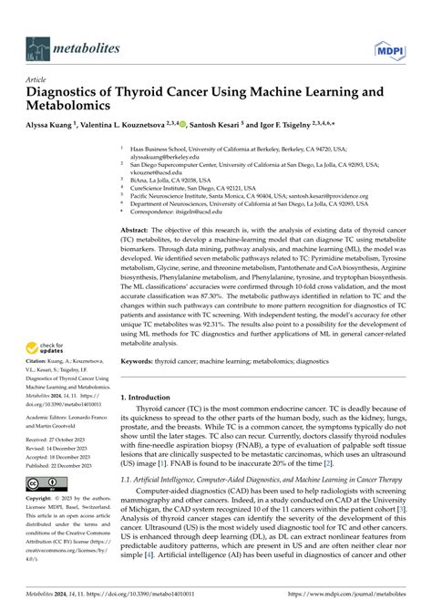 Pdf Diagnostics Of Thyroid Cancer Using Machine Learning And Metabolomics