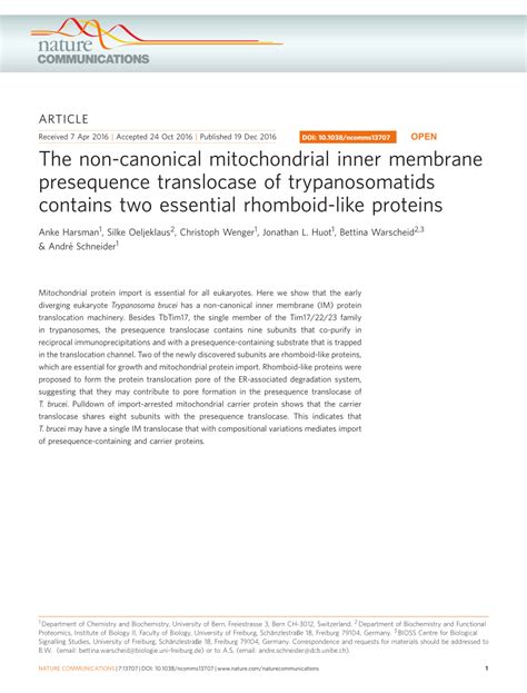 Pdf The Non Canonical Mitochondrial Inner Membrane Presequence Translocase Of Trypanosomatids