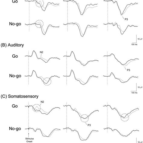 Grand Averaged Erp Waveforms During A Visual B Auditory And C