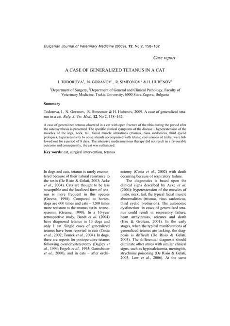 Pdf A Case Of Generalized Tetanus In A Cat