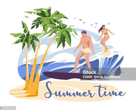 여름 서핑 젊은 사람들 큰 바다 파도에서 서핑을하는 남자와 소녀 야자수가있는 열대 해안 플랫 벡터 일러스트 레이 션 개념에 대한 스톡 벡터 아트 및 기타 이미지 Istock