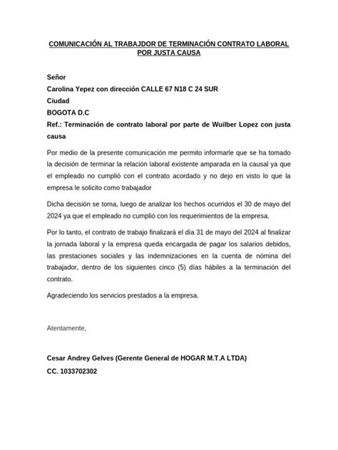 Terminación Contrato Laboral Justa Causa Laboral Pdf