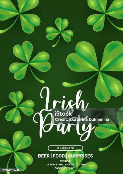 토끼풀과 아일랜드 파티 초대장 성 패트릭의 날을 축하합니다 진한 녹색 배경에 벡터 그림 포스터 전단지 브로셔 컨셉 17에 대한 스톡 벡터 아트 및 기타 이미지 Istock