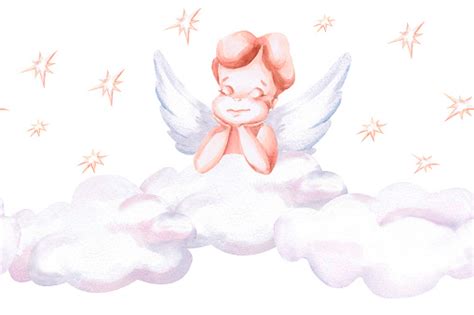 구름 속의 천사와 완벽 한 테두리 초대장 디자인 카페 장식 어린이 파티 발렌타인 데이 포스터 엽서 패브릭 인쇄를 위한 고립된 수채화 그림 0명에 대한 스톡 벡터 아트 및