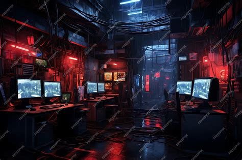 Premium Photo A Cyberpunk Hackers Lair With Glowing Screens And Wires Illustration