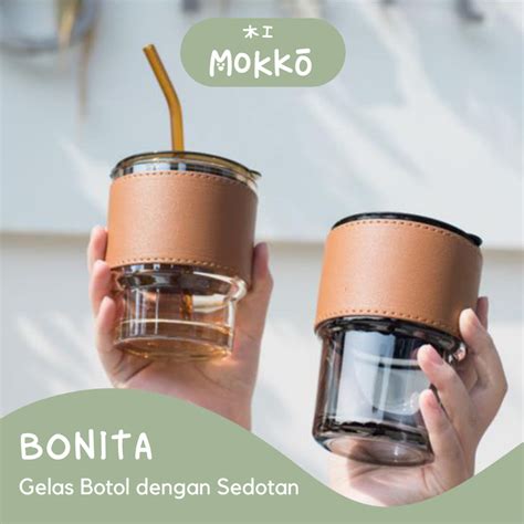 Jual Mokko Bonita Tumbler Free Sedotan Kaca Kopi Teh Estetika Botol Air Kulit Transparan