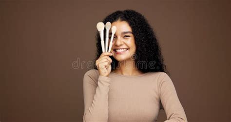 Portrait Woman And Brushes For Makeup In Studio Background Beauty