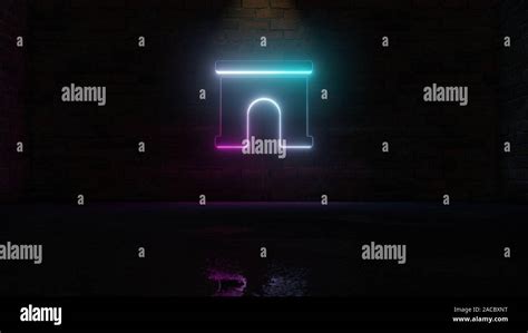 3d Rendering Of Blue Violet Neon Symbol Of Winning Archway On Dark Brick Wall Background With
