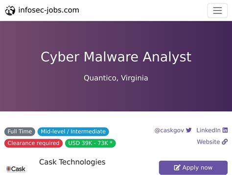 [hiring] Cyber Malware Analyst In Quantico Virginia R Infosec Jobs