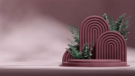 풍경 유칼립투스 잎과 아치에 어두운 음소거 된 빨간 실린더 연단 3d 렌더링 모형 템플릿 3차원 형태에 대한 스톡 사진 및 기타 이미지 3차원 형태 단일 이미지 식물