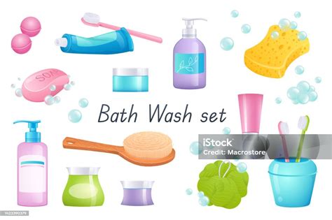 목욕 세척 액세서리 3d 현실적인 세트 목욕 폭탄 치약 칫솔 액체 비누 스폰지 크림 샴푸 병 브러시 및 기타 격리 된 욕실 요소 번들 벡터 일러스트 레이 션 3차원 형태에