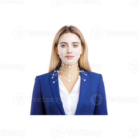 Woman In Blue Suit Is Facing Forward With Digital Facial Recognition Grid Overlaying Her Face