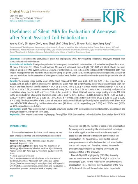 Pdf Usefulness Of Silent Mra For Evaluation Of Aneurysm After Stent