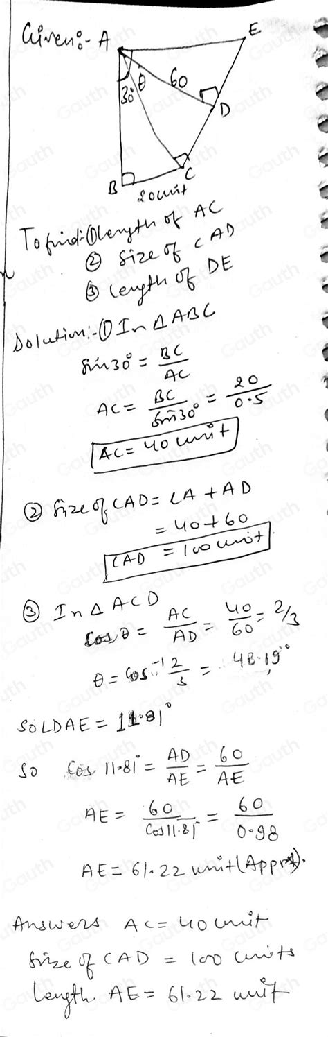 Solved 4 1 In The Diagram Below Abc Acd And Ade Are Right Angled Triangles Bae 90° And Bac 30