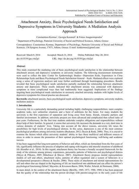 Pdf Attachment Anxiety Basic Psychological Needs Satisfaction And Depressive Symptoms In