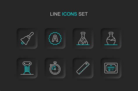 라인 인증서 템플릿 눈금자 스톱워치 법률 기둥 시험관 A 플러스 등급 및 울리는 벨 아이콘이 있는 시험지를 설정합니다 벡터 건강 진단에 대한 스톡 벡터 아트 및 기타 이미지