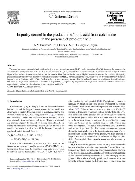 Pdf Impurity Control In The Production Of Boric Acid From Colemanite In The Presence Of