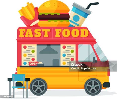 패스트 푸드 트럭 길거리 식사 밴 패스트 푸드 배달 모바일 상점 벡터 일러스트 감자 요리에 대한 스톡 벡터 아트 및 기타 이미지 감자 요리 개 거리 Istock